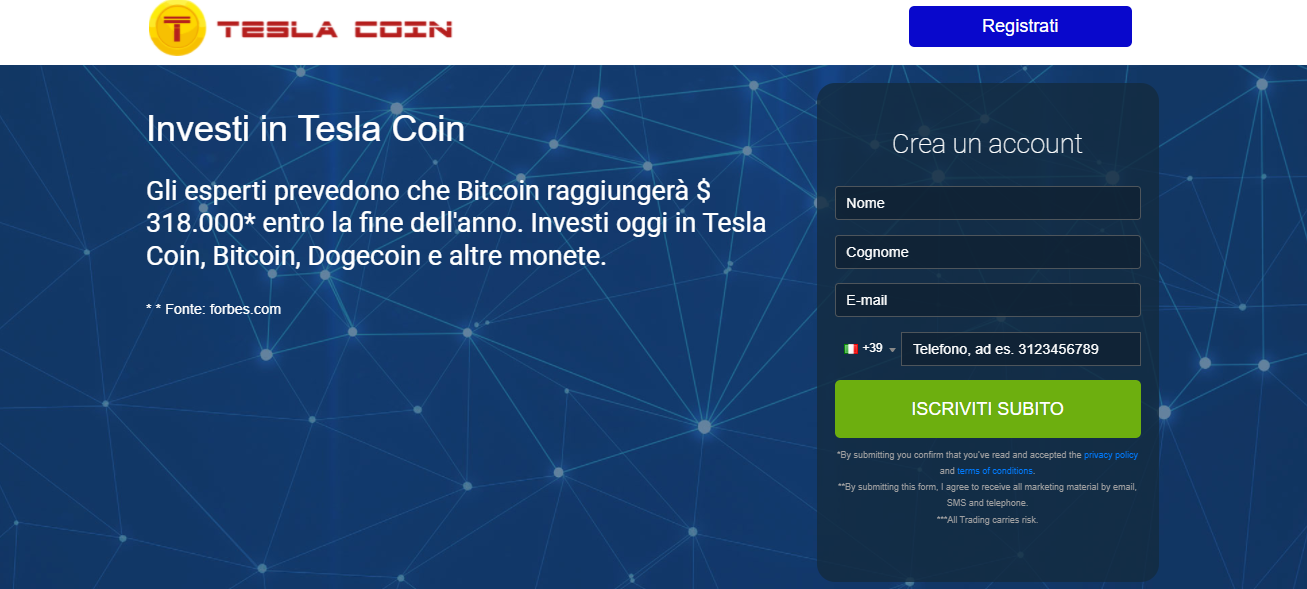Tesla Coin robot trading, Cos'è? Opinioni e Recensioni sul web
